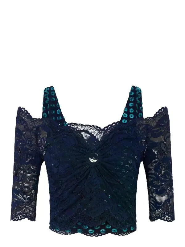 Rabanne Navy Floral Lace Embellished Velvet Top - Blue
