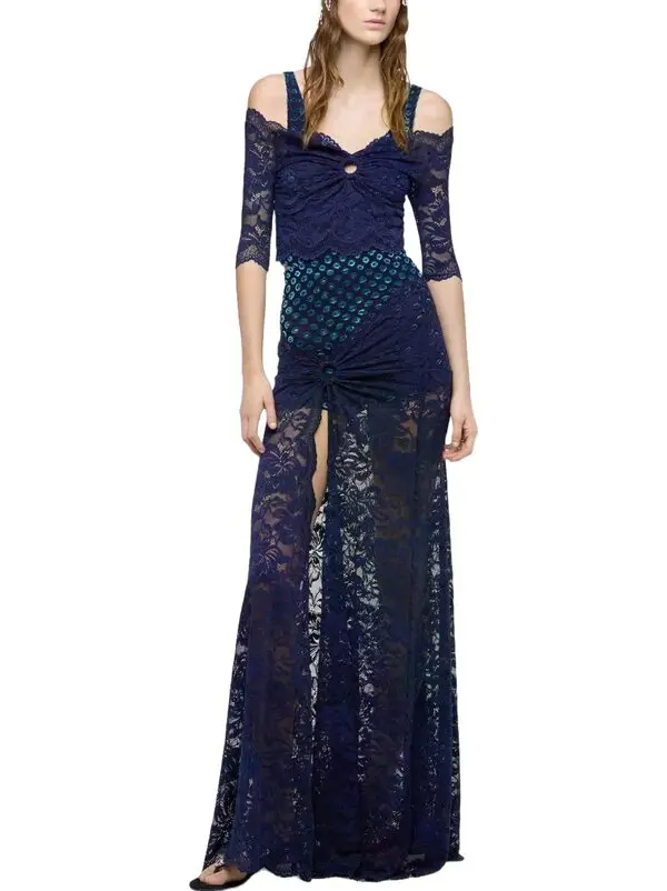 Rabanne Navy Floral Lace Embellished Velvet Top - Blue