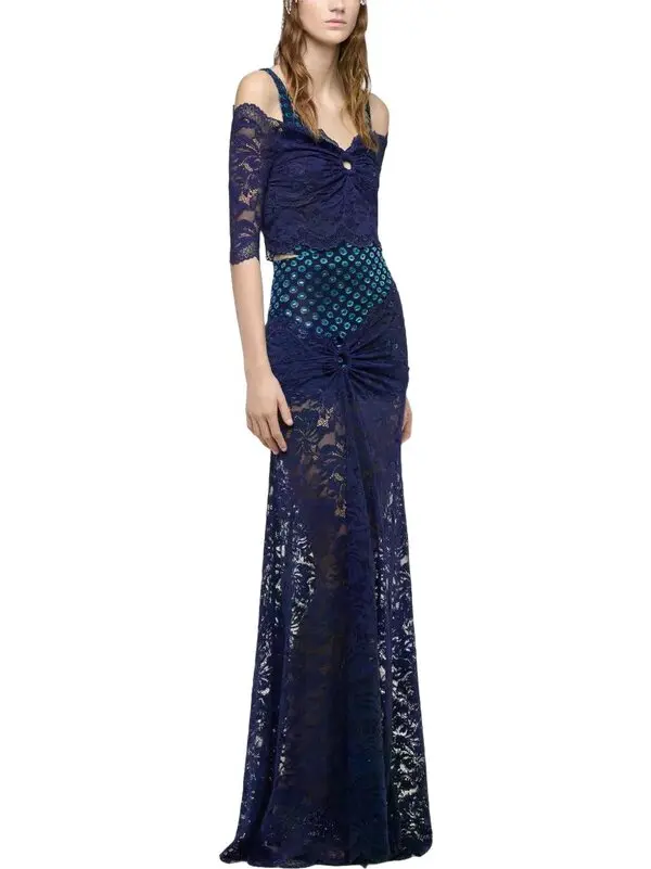 Rabanne Navy Floral Lace Embellished Velvet Top - Blue