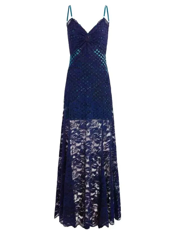 Rabanne Navy Lace Texture Floral Pattern V-neck Dress - Blue