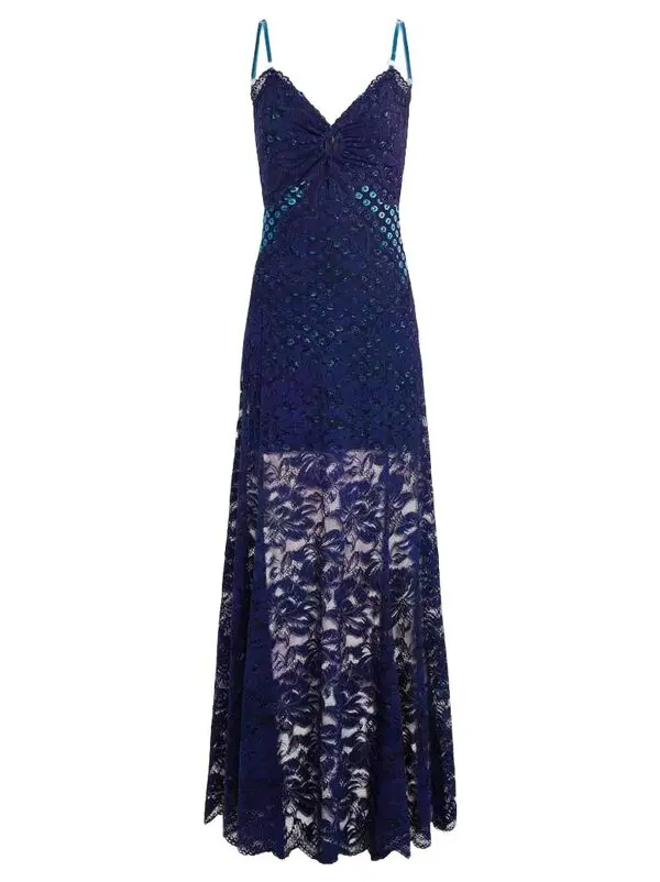 Rabanne Navy Lace Texture Floral Pattern V-neck Dress - Blue