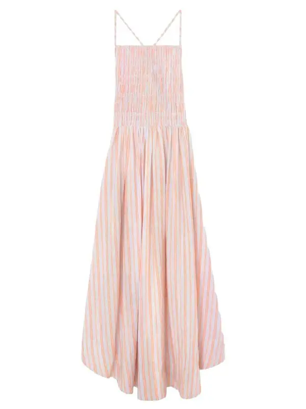 GANNI Striped Shirred Maxi Dress - Orange