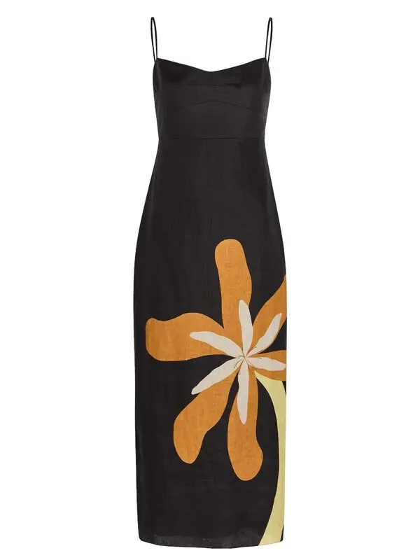 CALA DE LA CRUZ Paloma Floral-print Linen Midi Dress - Black