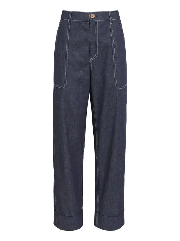 Lafayette 148 New York Chambray Straight Trousers - Navy