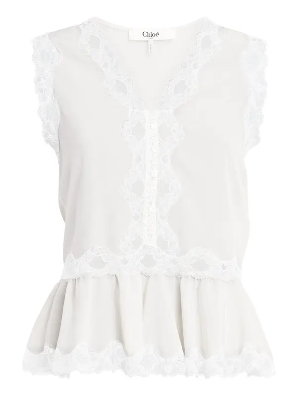 Chloé Silk Crepe De Chine Lace Peplum Top - White