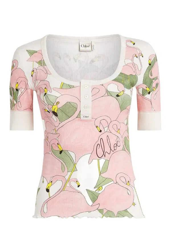 Chloé Cotton Flamingo Print Henley T-shirt - White