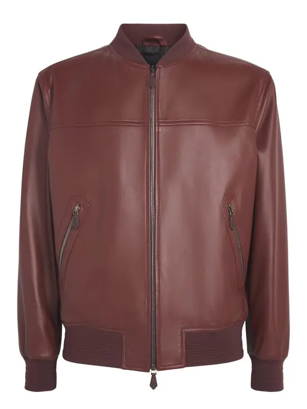 Isaia Lambskin Leather Bomber Jacket With Ribbed Edges - Red