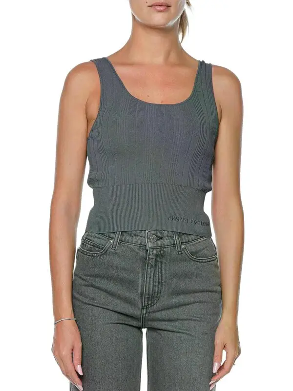 Armani Exchange Ribbed Knit Logo Embroidered Top - Grey