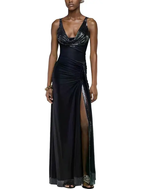 Rabanne Mesh Panel Cowl Neck Maxi Dress - Black