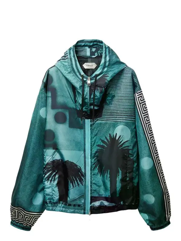 Versace Printed Nylon Hooded Windbreaker - Blue