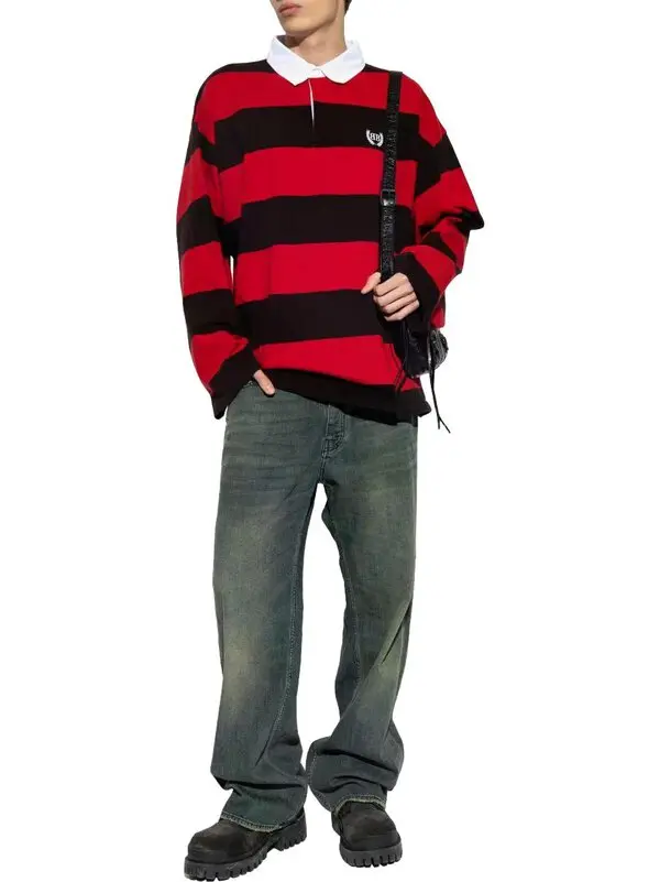 Balenciaga Striped Embroidered-logo Polo Shirt - Red