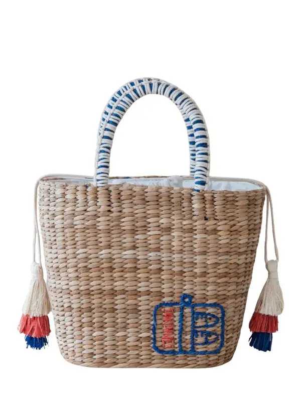 LIKHÂ Handwoven Seagrass Sardine Can Tote Bag With Tassels - Blue