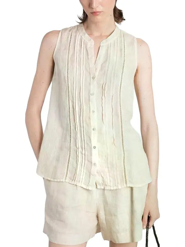 120% Lino Pintuck Detail Sleeveless Blouse - Neutrals