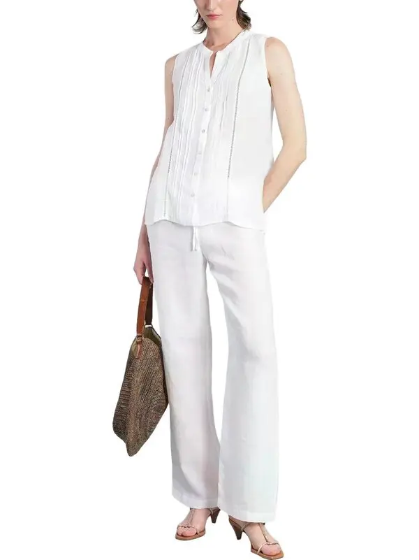 120% Lino Pintucked Open-knit Sleeveless Blouse - White