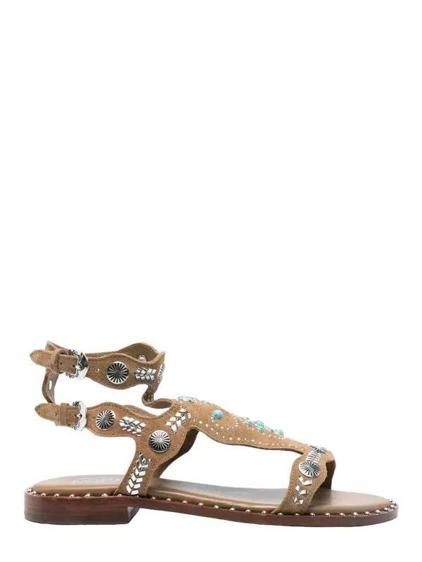 Ash Suede Embellished Buckle Sandals - Brown