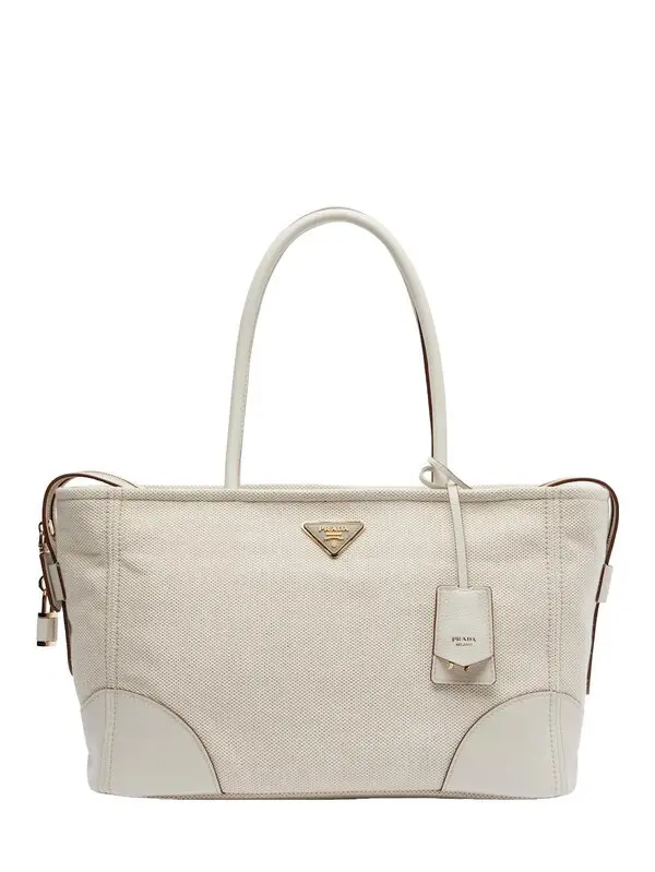 Prada Large Leather-trimmed Canvas Tote Bag - Beige