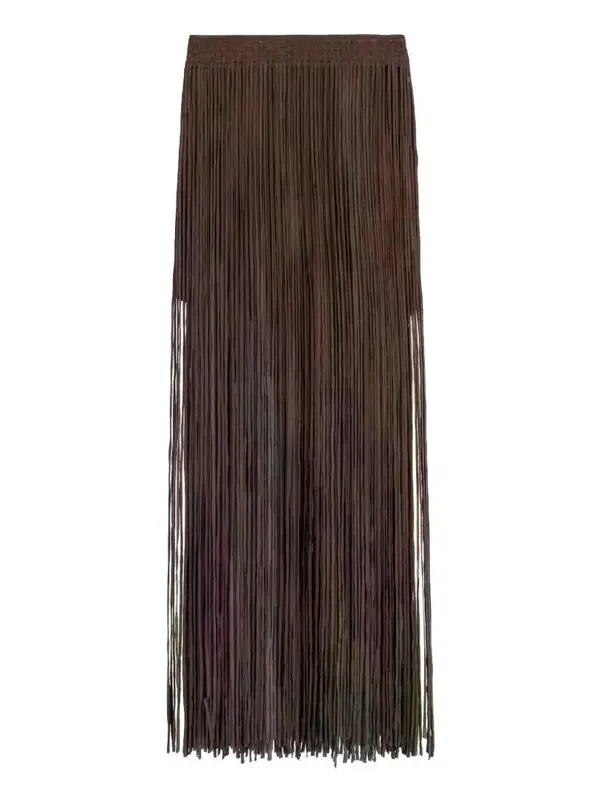 ALYSI Fringed Woven Waistband Maxi Skirt - Brown