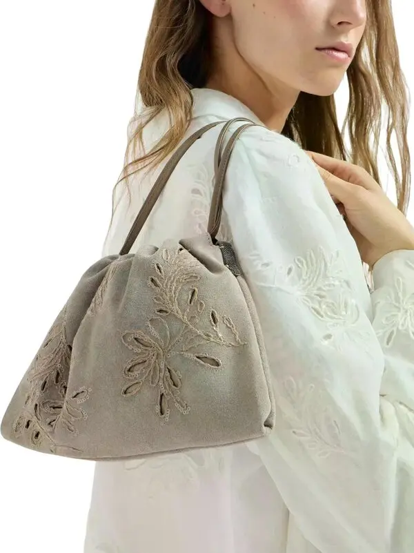 Brunello Cucinelli Suede Duo Pouch Bag With Broderie-anglaise And Monili - Neutrals