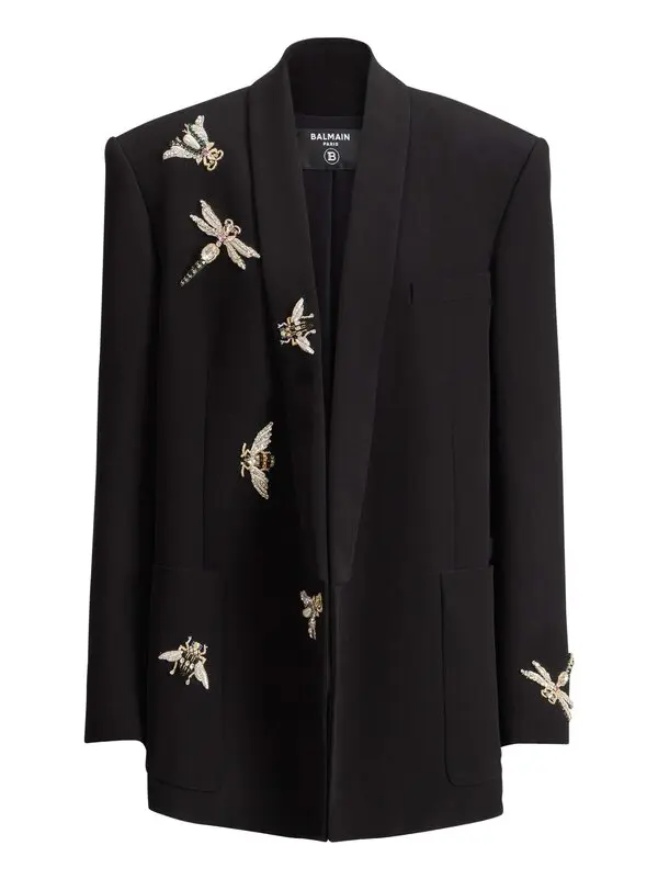 Balmain Embroidered Insect Shawl Collar Jacket - Black