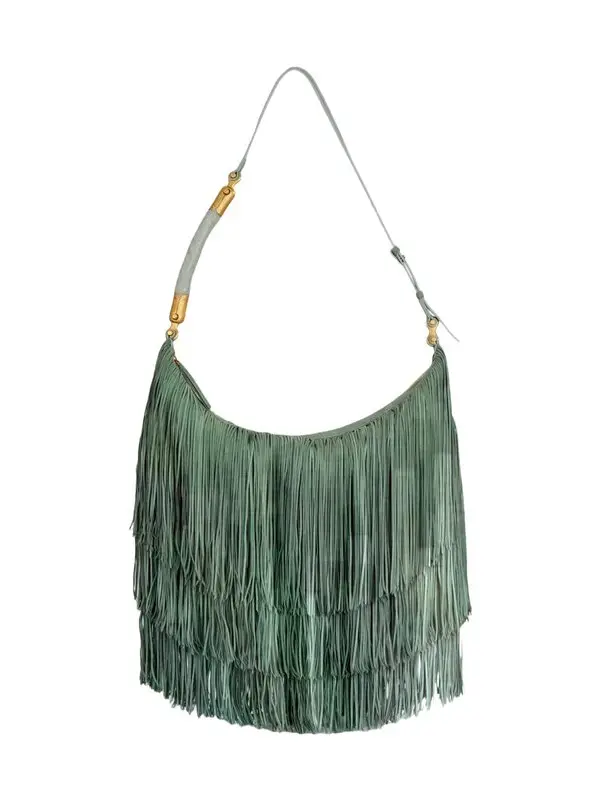 Balmain Bène Large Fringed Suede Shoulder Bag - Green