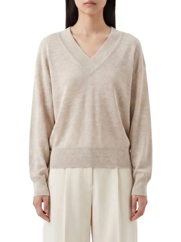 Brunello Cucinelli Linen Blend V-neck Knit - Beige