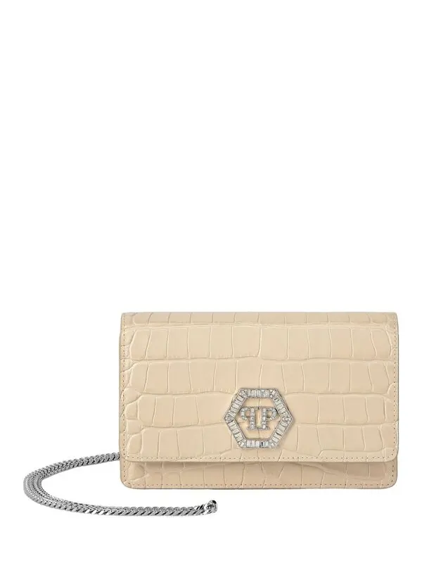 Philipp Plein Croc Effect Clutch With Embellished Logo - Beige