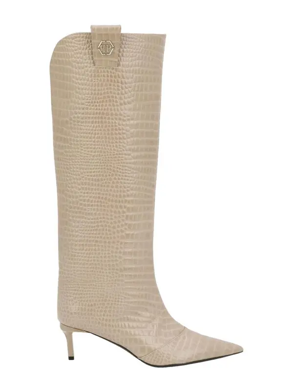 Philipp Plein Crocodile Embossed Leather Knee-high Boots - Beige