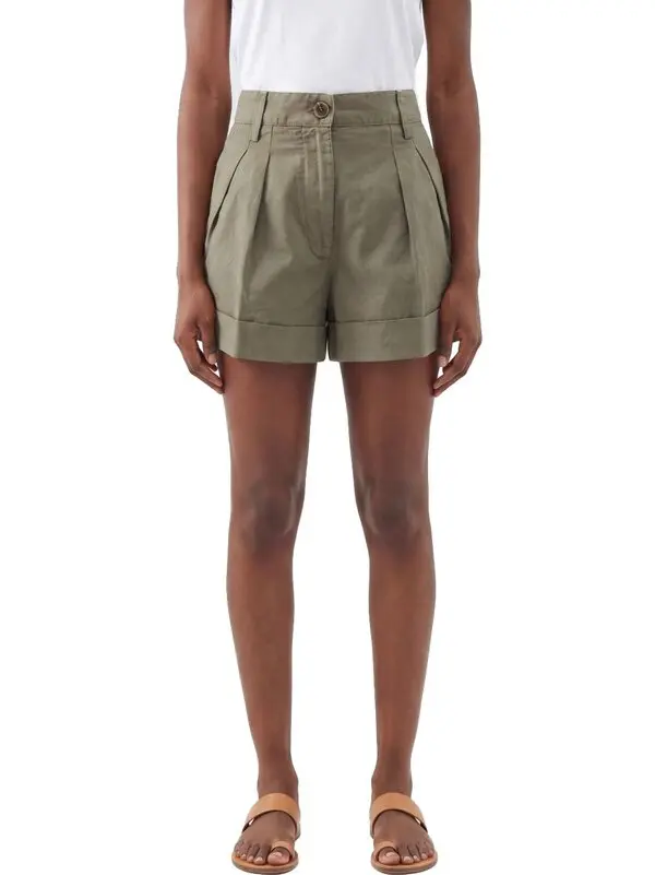 Aspesi Mid-rise Linen And Cotton-blend Shorts With Cuffed Hems - Military
