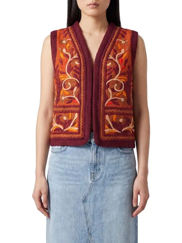 Antik Batik Embroidered Cotton Tailored Waistcoat With Contrast Trims And V-neck - Red