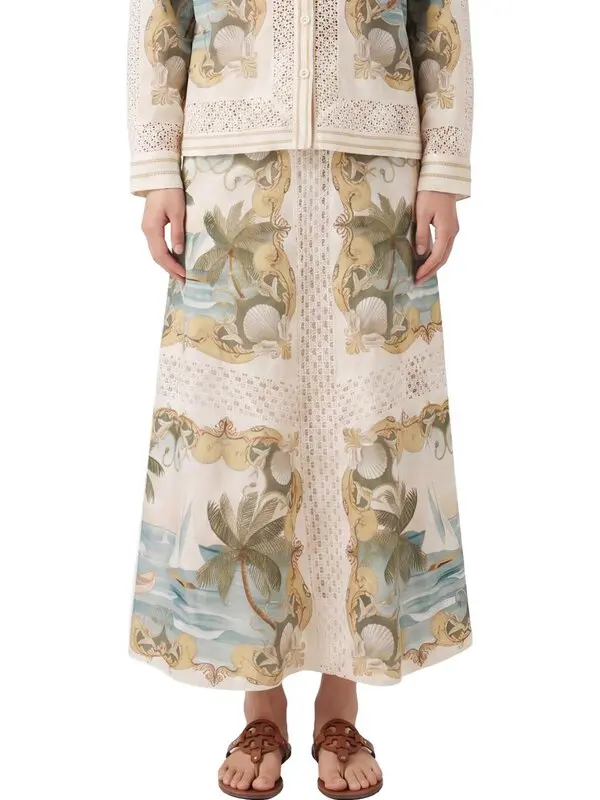 Farm Rio Graphic Print Flared Long Skirt - Sand