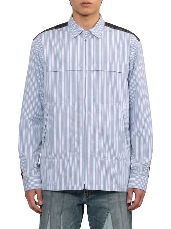Junya Watanabe Relaxed Fit Patchwork Cotton Shirt With Zip Closure - Blue