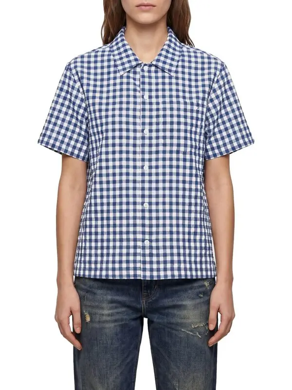 DUNST Slim Fit Checkered Cotton Blend Short Sleeve Shirt - Blue