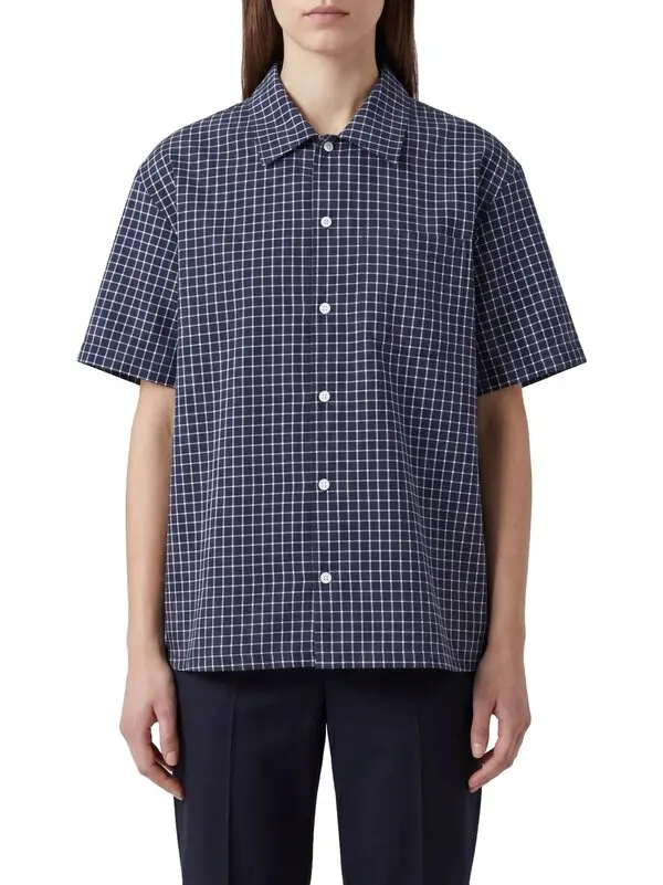 DUNST Check Pattern Cotton-blend Shirt With Patch Pocket And Dropped Shoulders - Blue