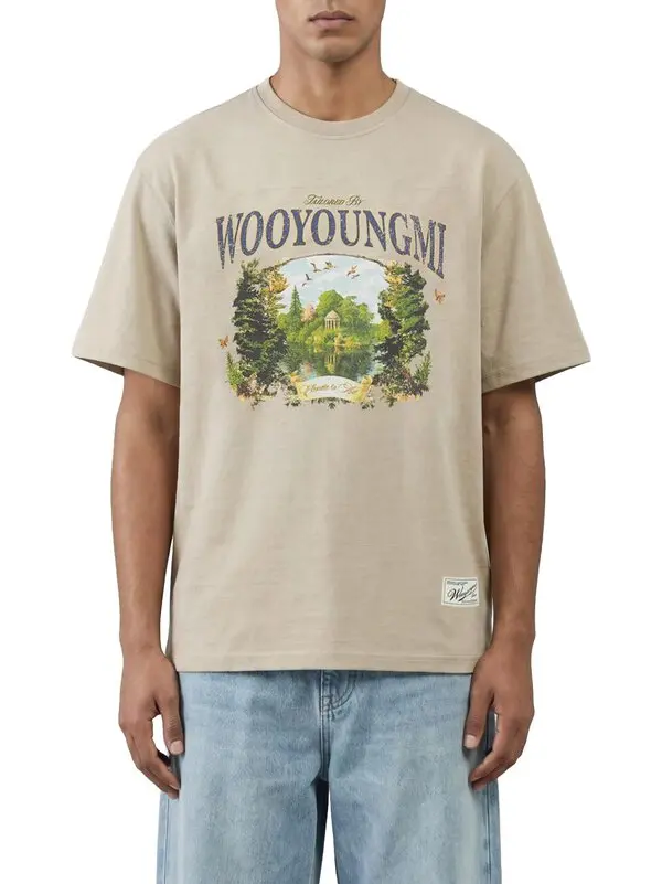 WOOYOUNGMI Graphic-print And Contrast-logo Cotton Crewneck T-shirt - Beige
