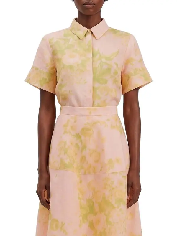 Erdem Floral-print Linen-blend Short-sleeve Shirt - Pink