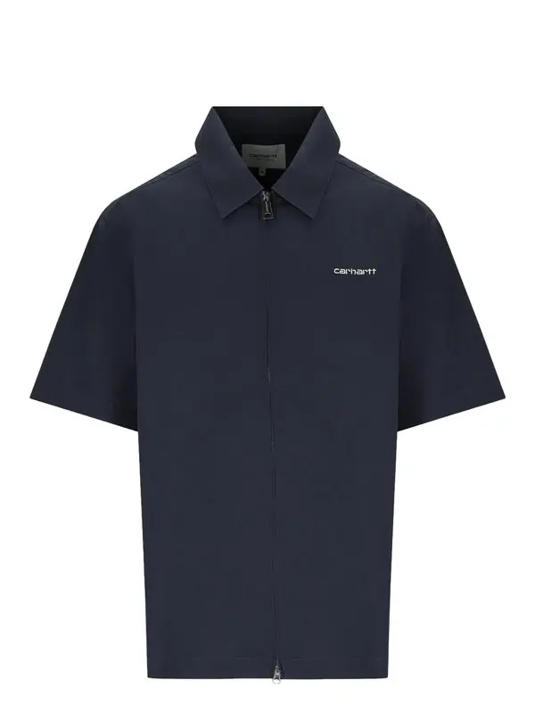 Carhartt Work In Progress Short Sleeve Zip Shirt With Embroidered Logo - Blue
