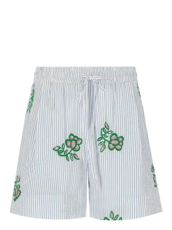 Essentiel Antwerp Cotton Striped Floral Embroidered Shorts - Light Blue