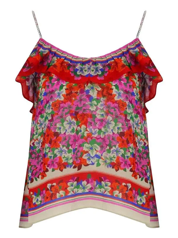 Essentiel Antwerp Floral Print Viscose Silk Top With Rhinestone Embellishments - Red