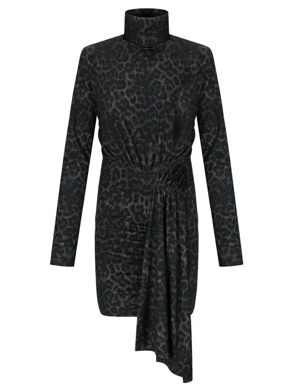 Essentiel Antwerp Imortel Leopard Print High Neck Ruched Dress - Black