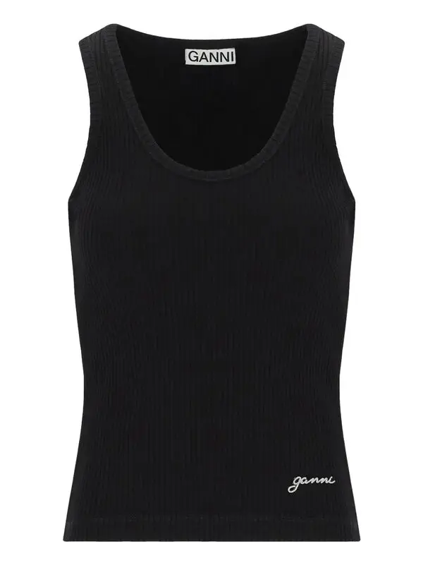 GANNI Ribbed Logo Tank Top - Black