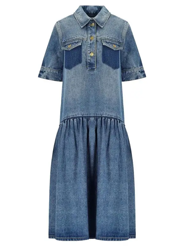 GANNI Denim Shirt Dress With Gold Button Detail - Blue