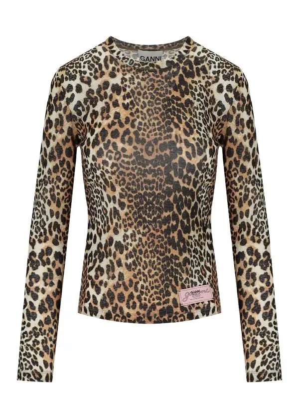 GANNI Long Sleeve Animal Print Top - Multicolor