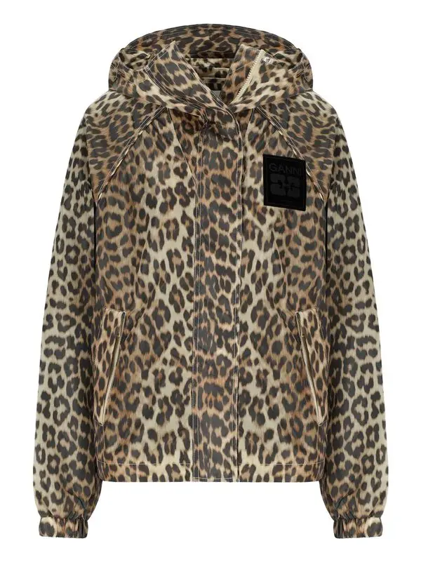 GANNI Animal Print Recycled Nylon Hooded Jacket - Beige