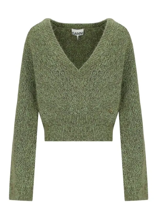 GANNI Mélange Wool & Mohair Blend V-neck Sweater - Green