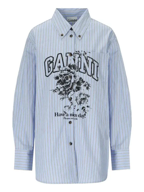GANNI Oversized Cotton Striped Floral Print Shirt - Light Blue