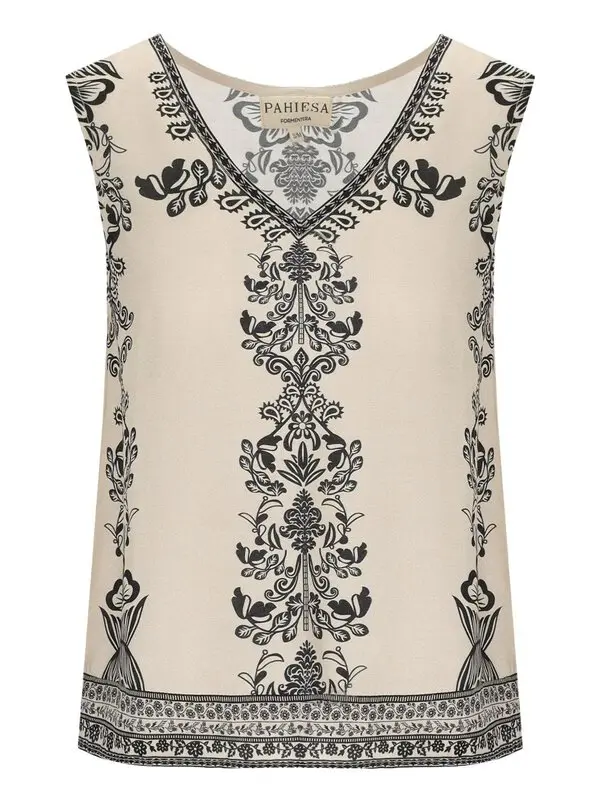 PAHIESA FORMENTERA Ecru Viscose Top With Black Pattern - Beige