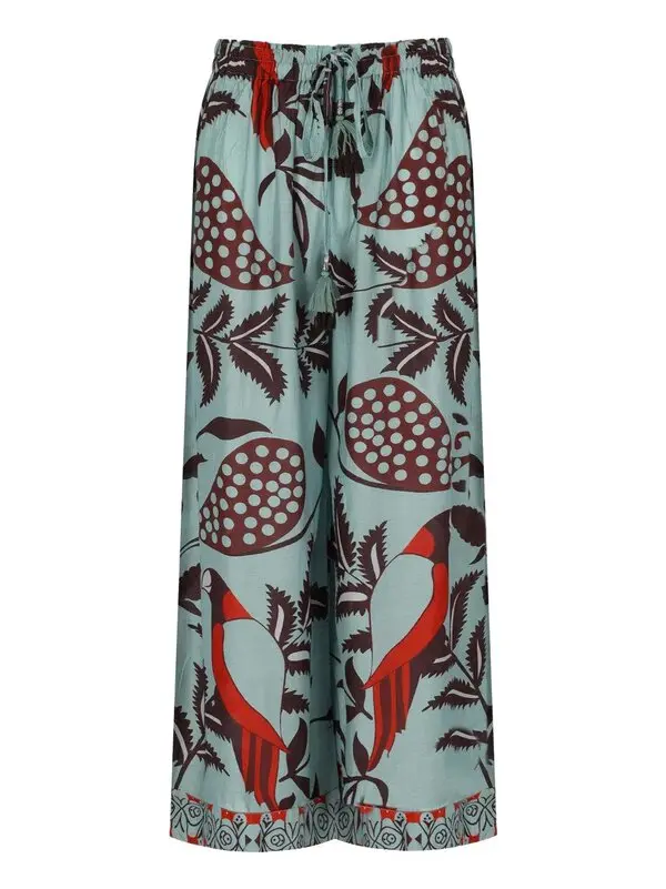PAHIESA FORMENTERA Silk And Cotton Blend Trousers With Brown And Rust Pattern - Light Blue