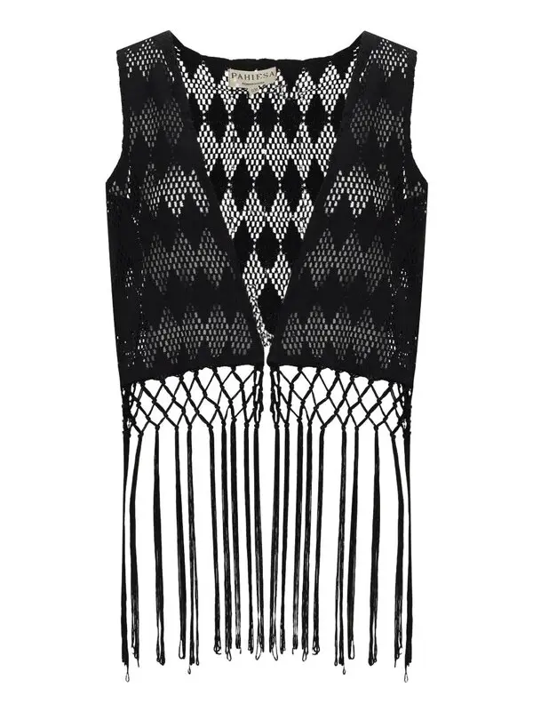 PAHIESA FORMENTERA Crochet Vest With Fringe - Black