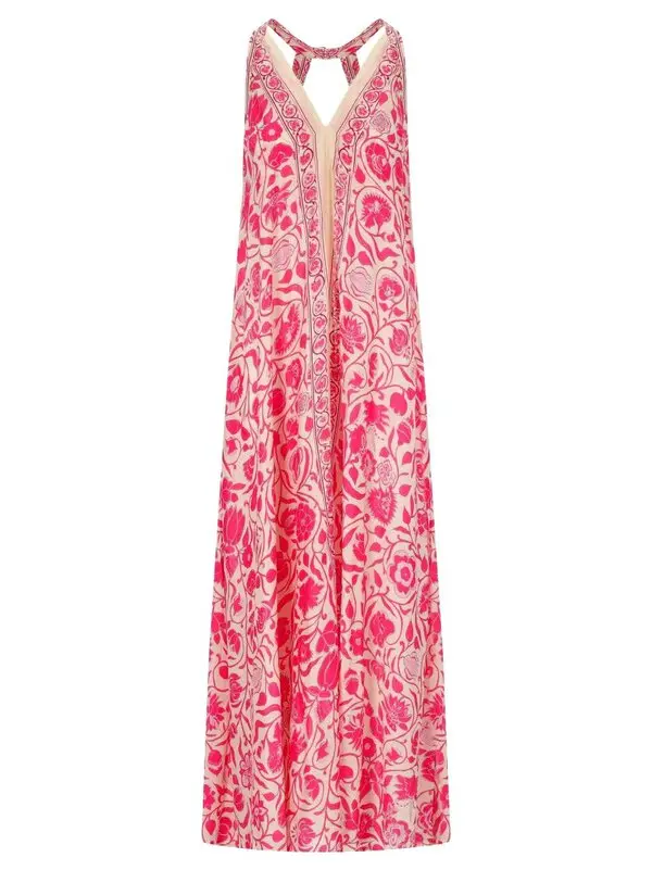 PAHIESA FORMENTERA Cotton Silk Printed Long Dress - Fuchsia