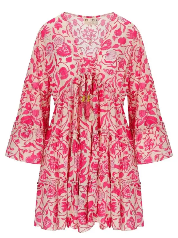 PAHIESA FORMENTERA Printed Silk Cotton Mini Dress - Fuchsia